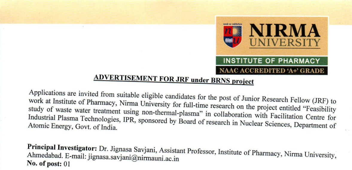 Advertisement for JRF under BRNS Sponsored Research Project - Institute ...