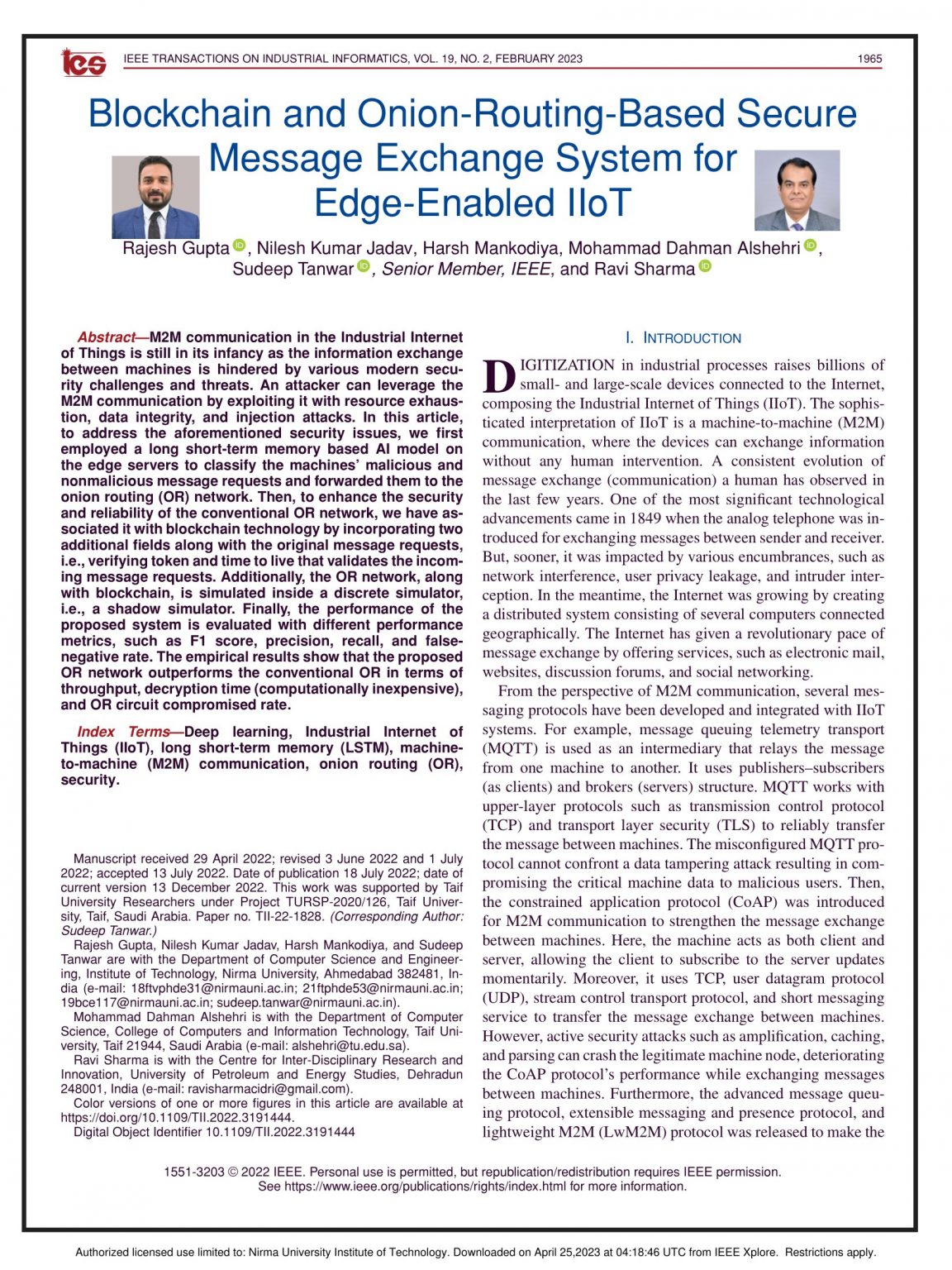 Blockchain and onion-routing-based secure message exchange system for edge-enabled IIOT - Nirma ...