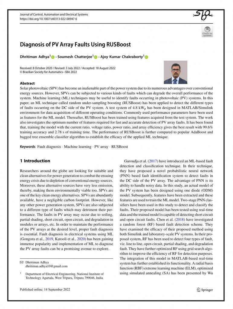Diagnosis of PV Array Faults Using RUSBoost - Nirma University Library System