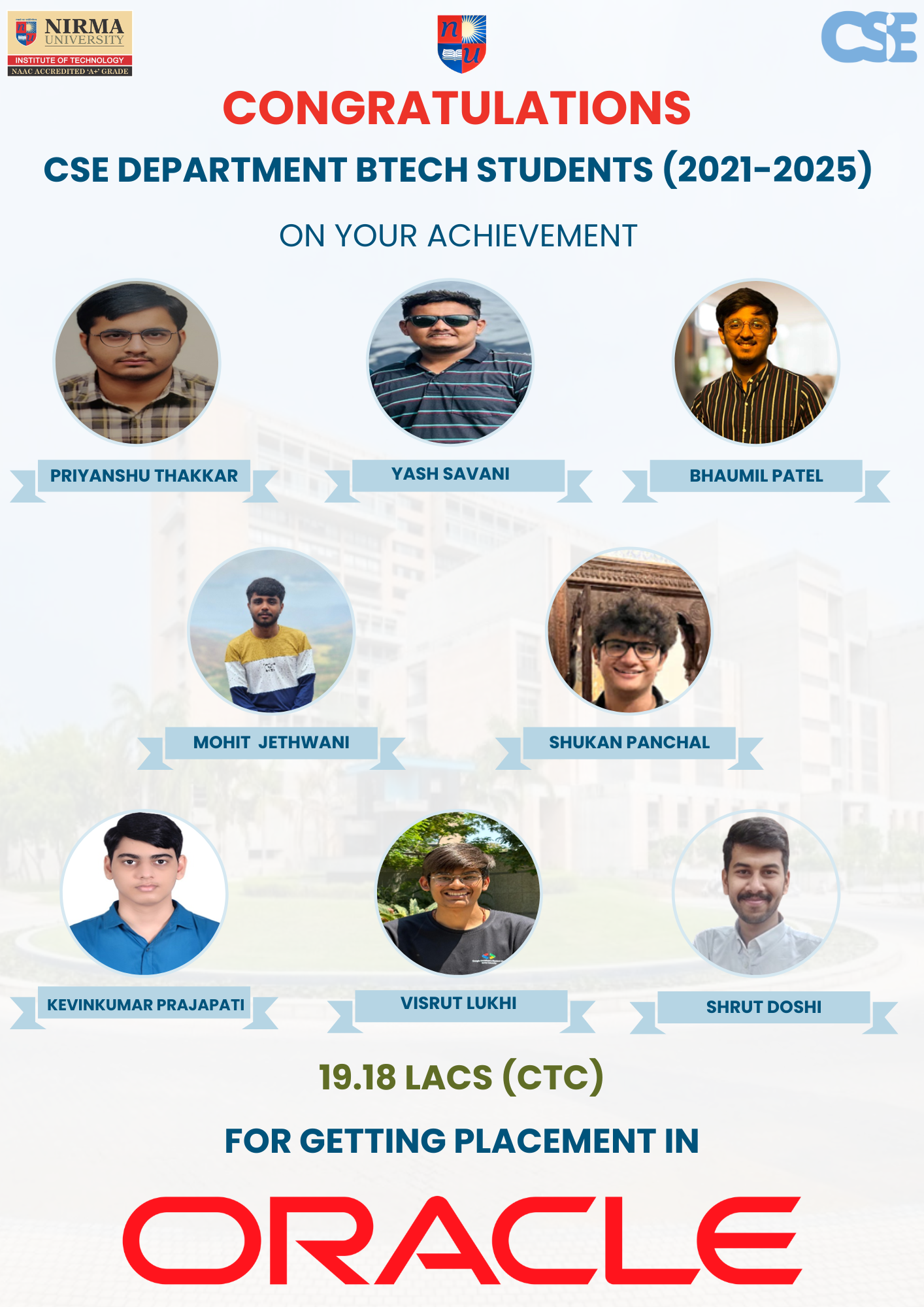 Congratulations BTech CSE students for getting placement in Oracle - Computer Science and ...